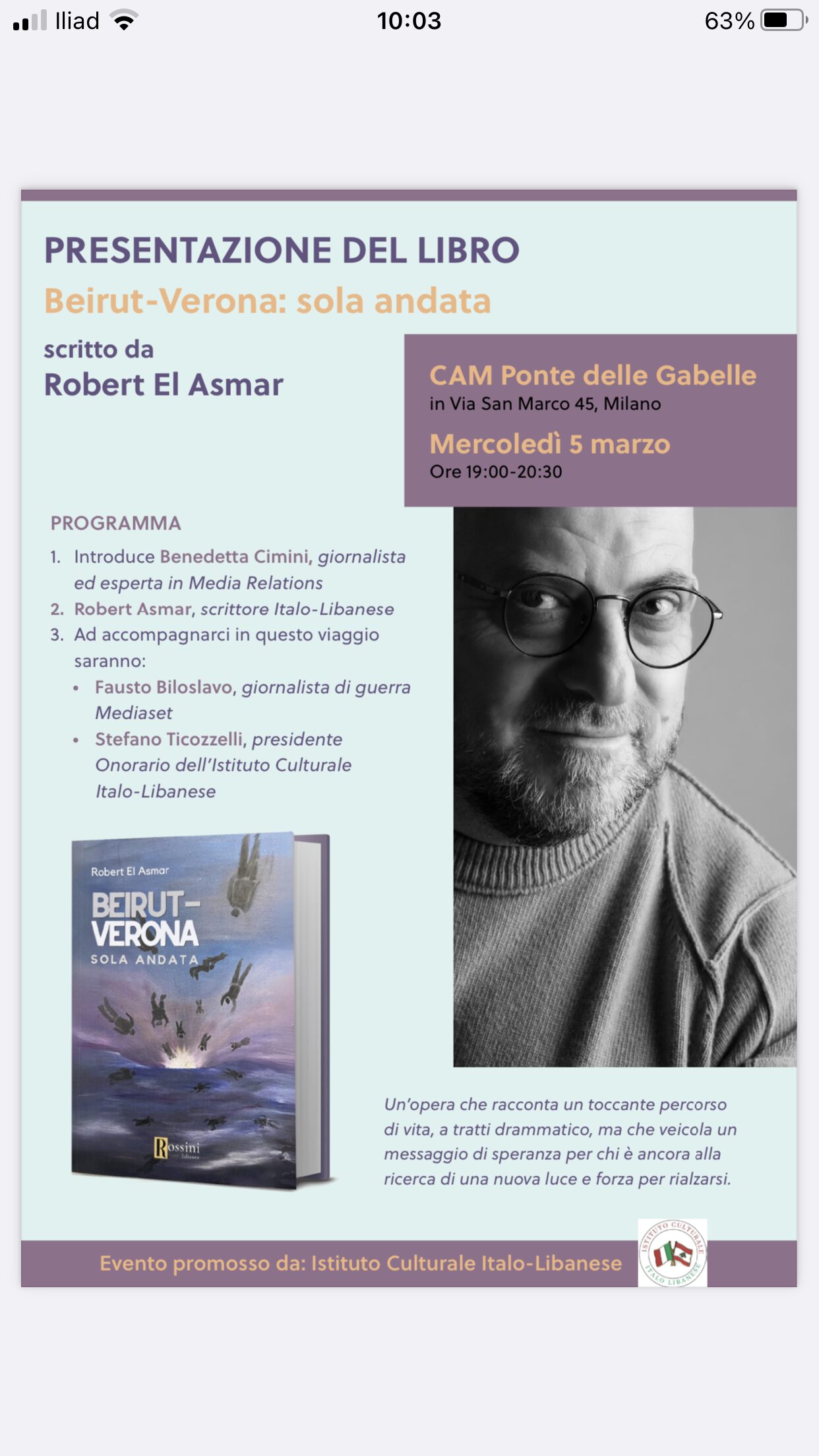 Cultura, presentazione del romanzo “Beirut-Verona sola andata” di Robert El Asmar - Agenparl